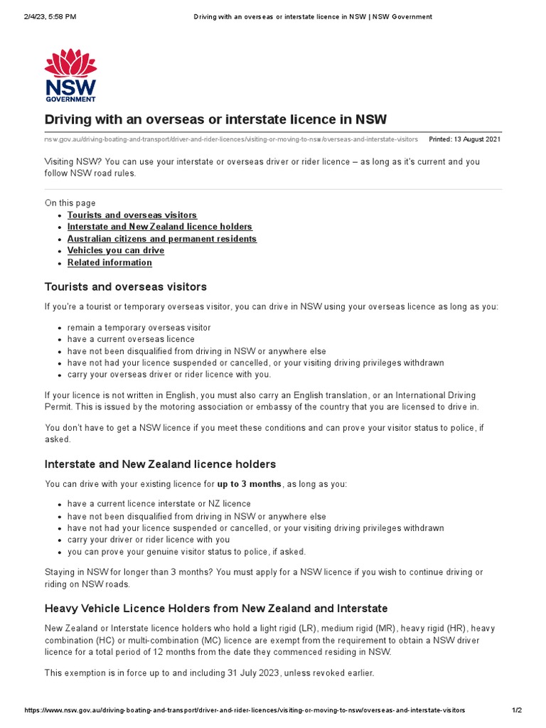 Driving With An Overseas or Interstate Licence in NSW - NSW Government ...