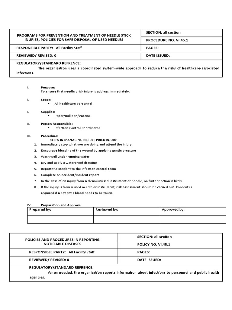 Policy On Needle Stick | PDF | Diseases And Disorders | Health Care