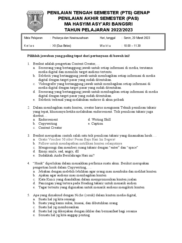 PAT Soal PKWU (TIK) 2023 | PDF | Game & Aktivitas