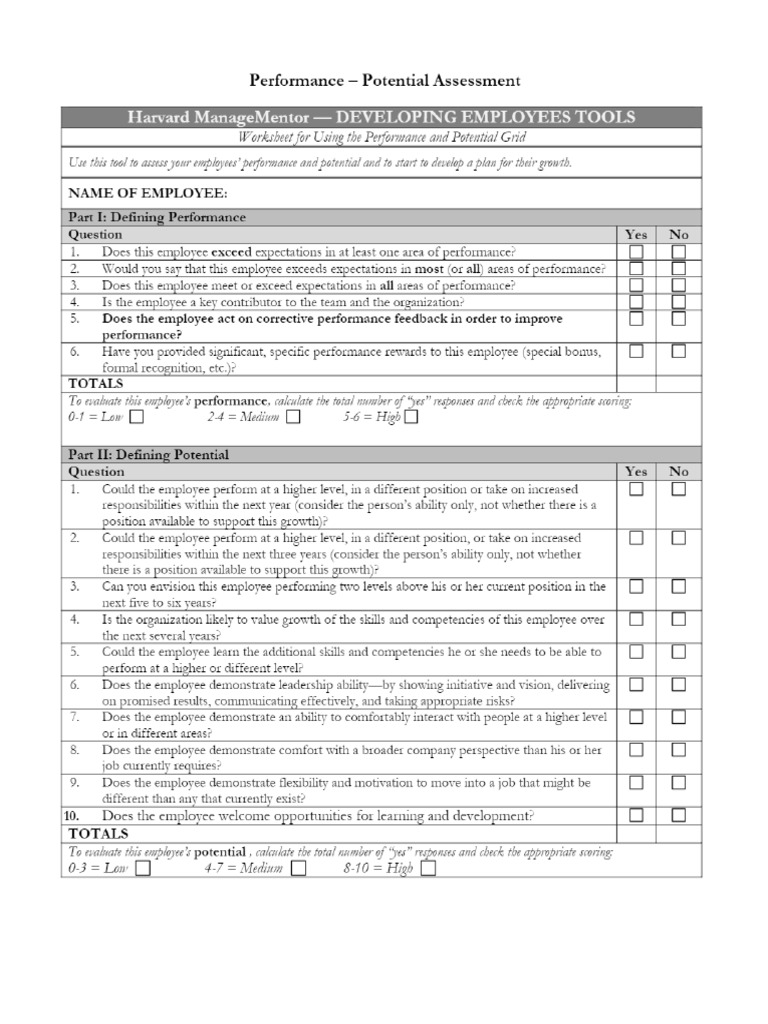 Performance Potential Assessment Worksheet | PDF