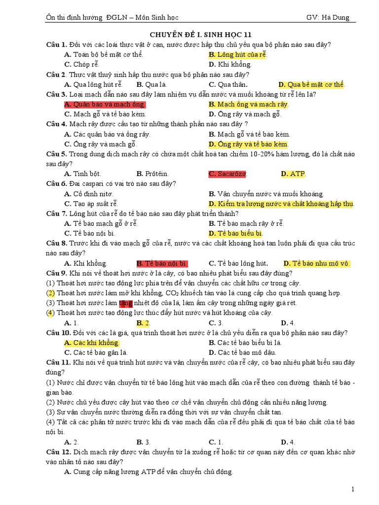 01.C1 Sinh 11 Cau Hoi | PDF