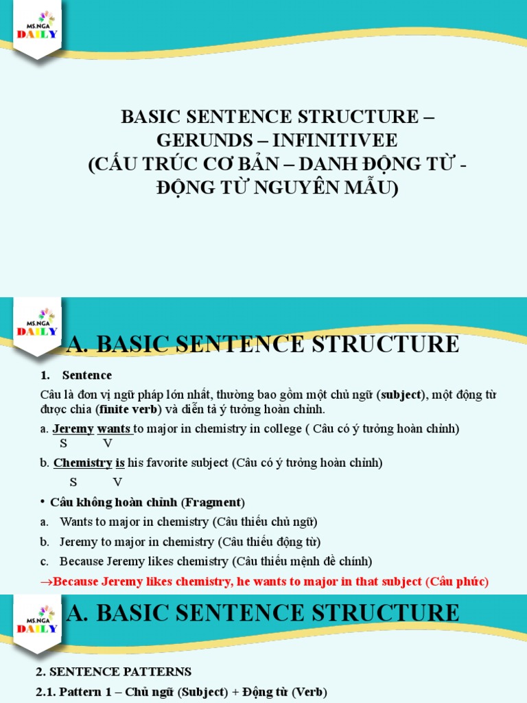 Basic Sentence Structure Gerunds Infinitives | PDF | Subject (Grammar) | English Language