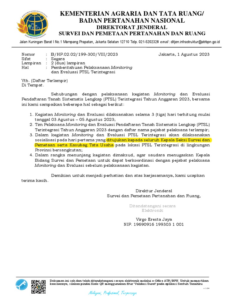 Pemberitahuan Pelaksanaan Monitoring Dan Evaluasi PTSL Terintegrasi | PDF