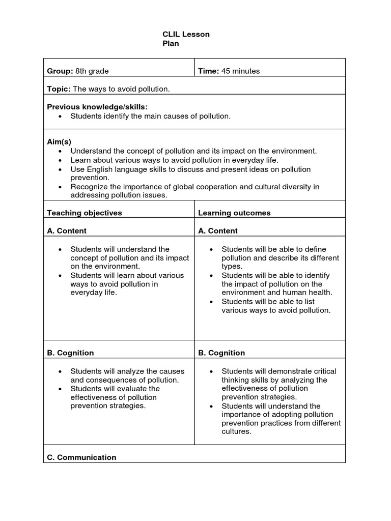 Clil-Lesson-Plan-The Ways To Avoid Pollution. | PDF | Pollution | Learning