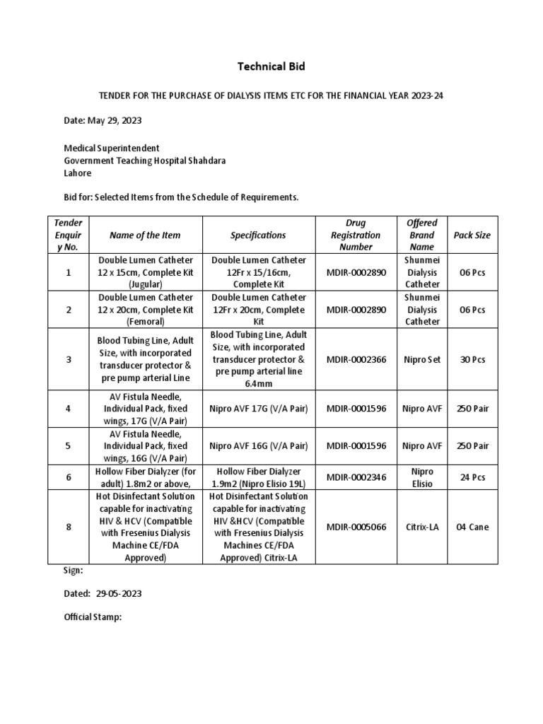 Technical Bid | PDF | Hemodialysis | Medical Equipment