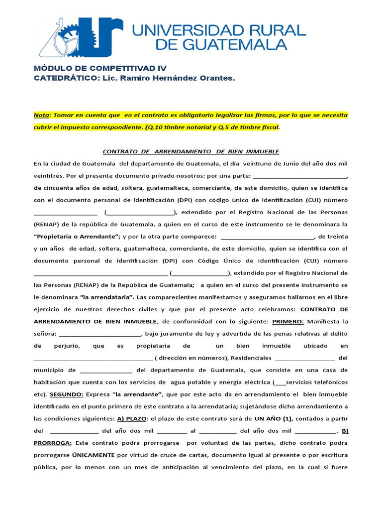 Material Lic. Ramiro - Arrendamiento en Documento Privado | PDF | Pagos | Guatemala
