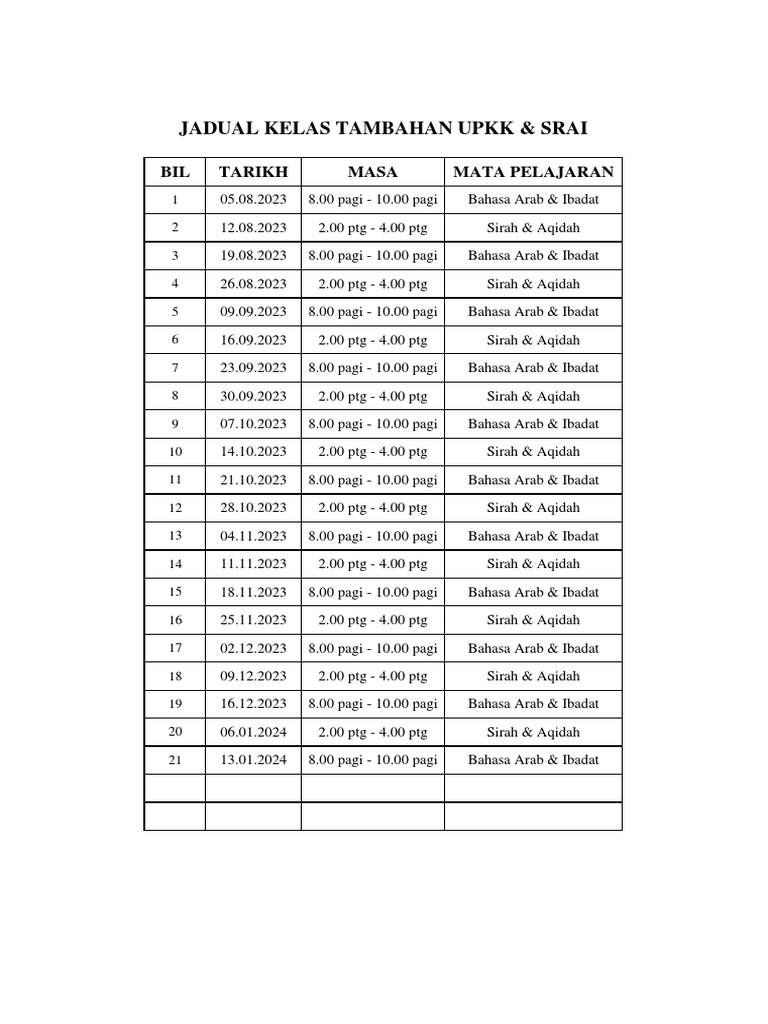 Jadual Kelas Tambahan Upkk & Srai 2023 | PDF
