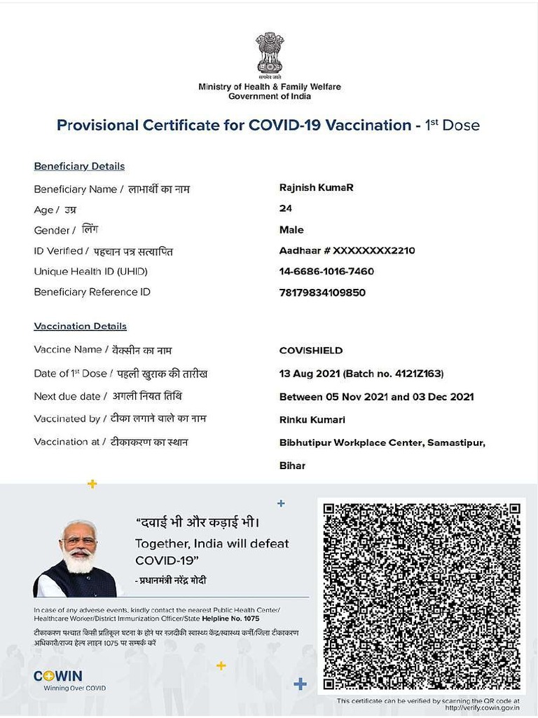 Indian COVID-19 Vaccination Certificate | PDF