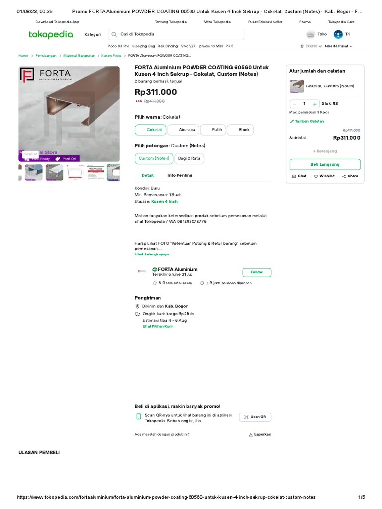 Promo FORTA Aluminium POWDER COATING 60560 Untuk Kusen 4 Inch Sekrup ...