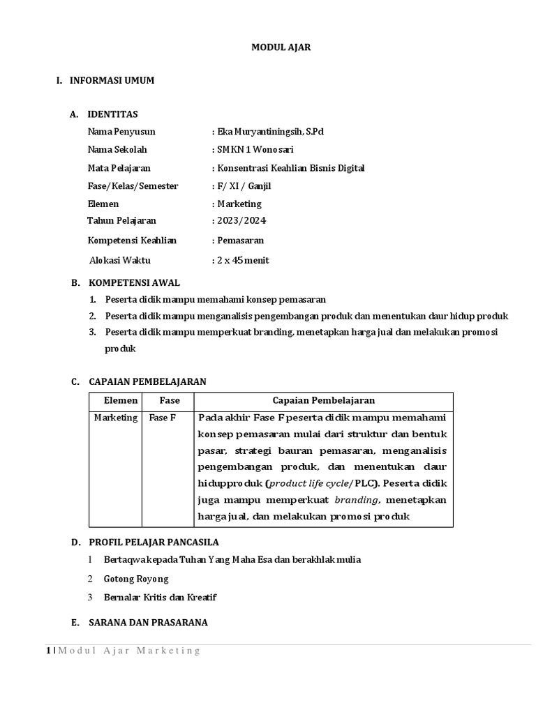 Modul Ajar Pemasaran Fase F SMK | PDF