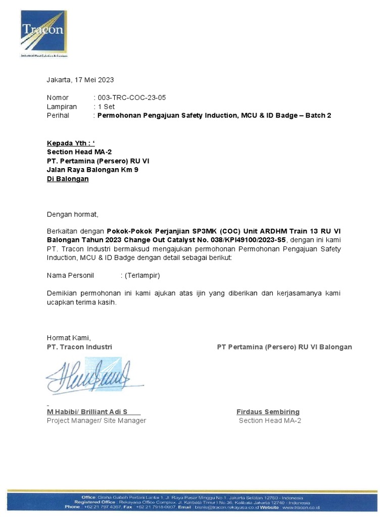 003-TRC-COC-05-23 Surat Permohonan Pengajuan Ijin Safey Induction, MCU ...
