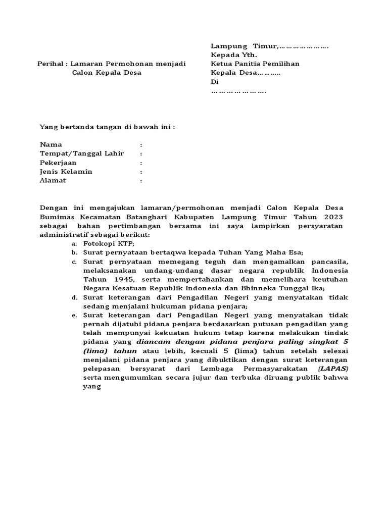 CONTOH SURAT LAMARAN Calon Kepala Desa | PDF