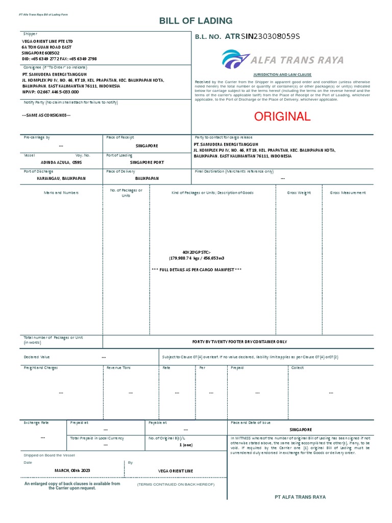 BILL OF LADING ATRSIN230330060S (Draft) | PDF | Bill Of Lading | Cargo