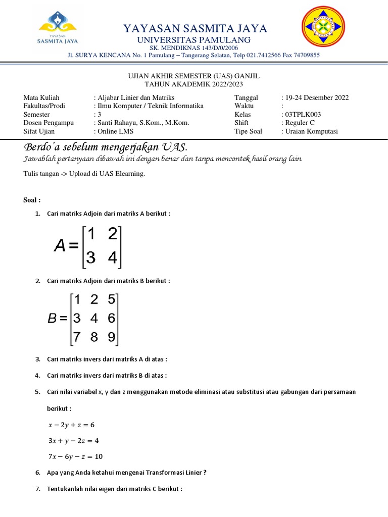 UAS Aljabar Linier Dan Matriks | PDF | Teknologi & Rekayasa