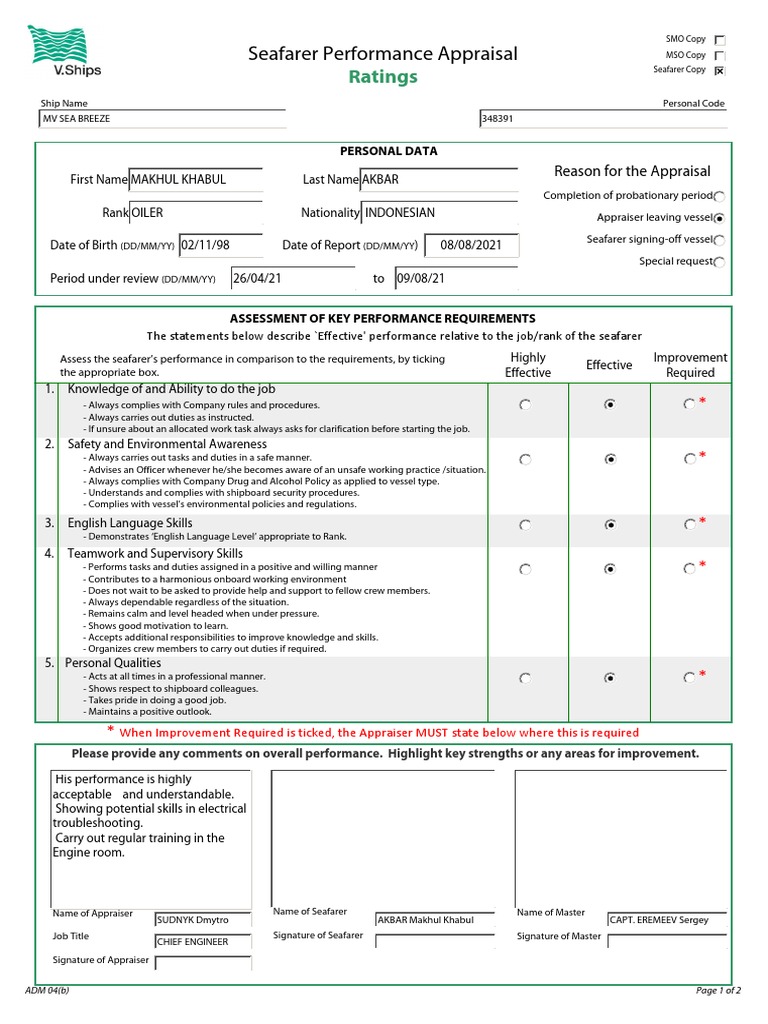 Seafarer Performance Appraisal Form | PDF | Sailor
