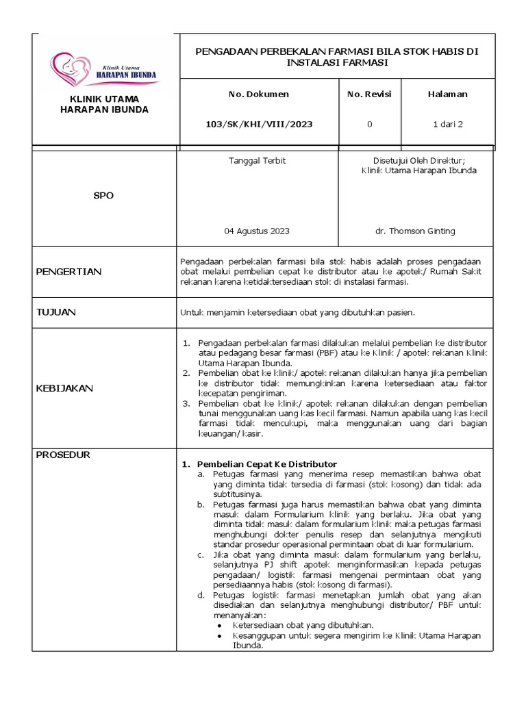 Pengadaan Perbekalan Farmasi Bila Stok Habis Di Instalasi Farmasi Pdf