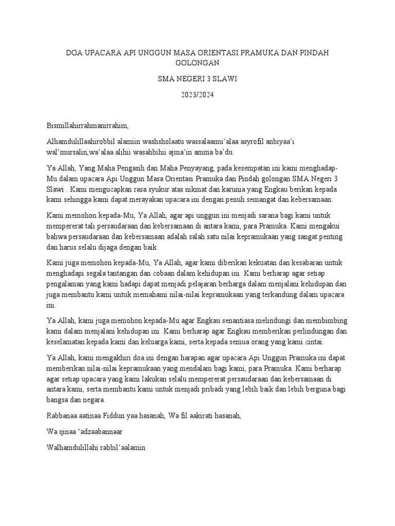 Doa Upacara Api Unggun Masa Orientasi Pramuka Dan Pindah Golongan | PDF ...
