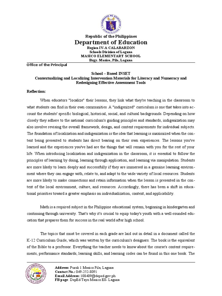 School-Based INSET-Reflection | PDF | Curriculum | Learning