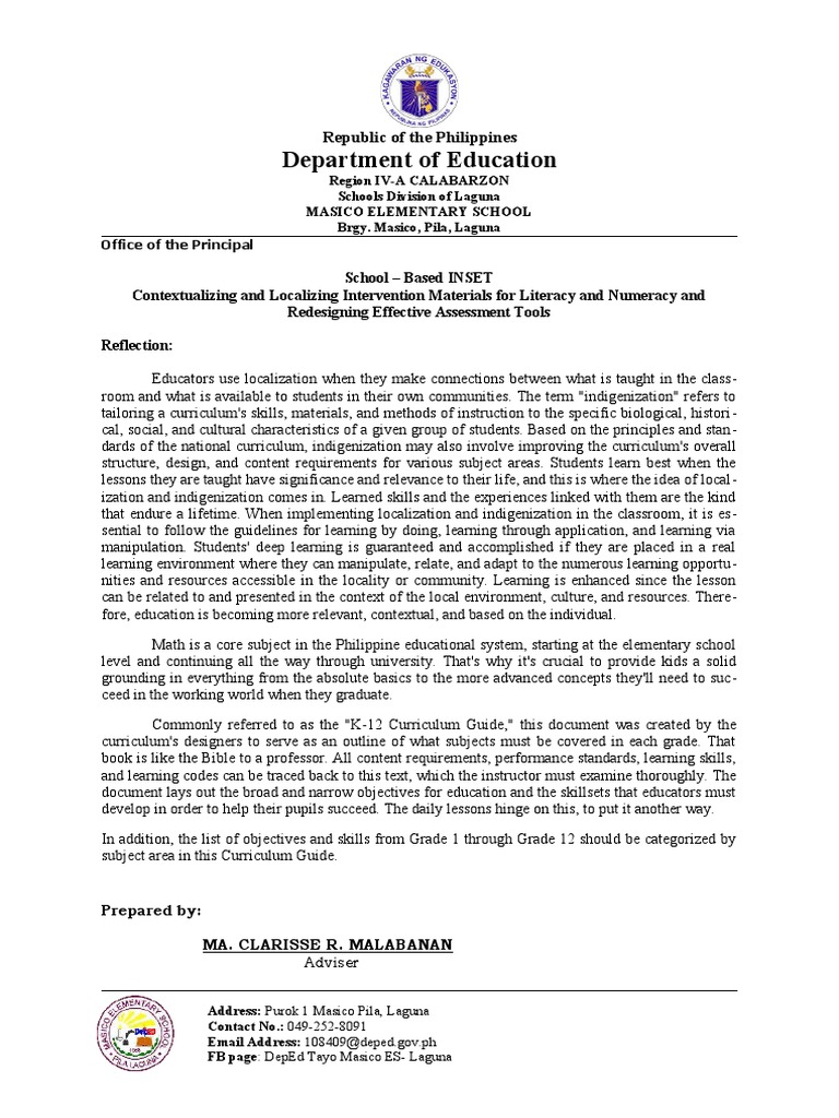 MALABANAN-School-Based INSET-Reflection | PDF | Curriculum | Learning