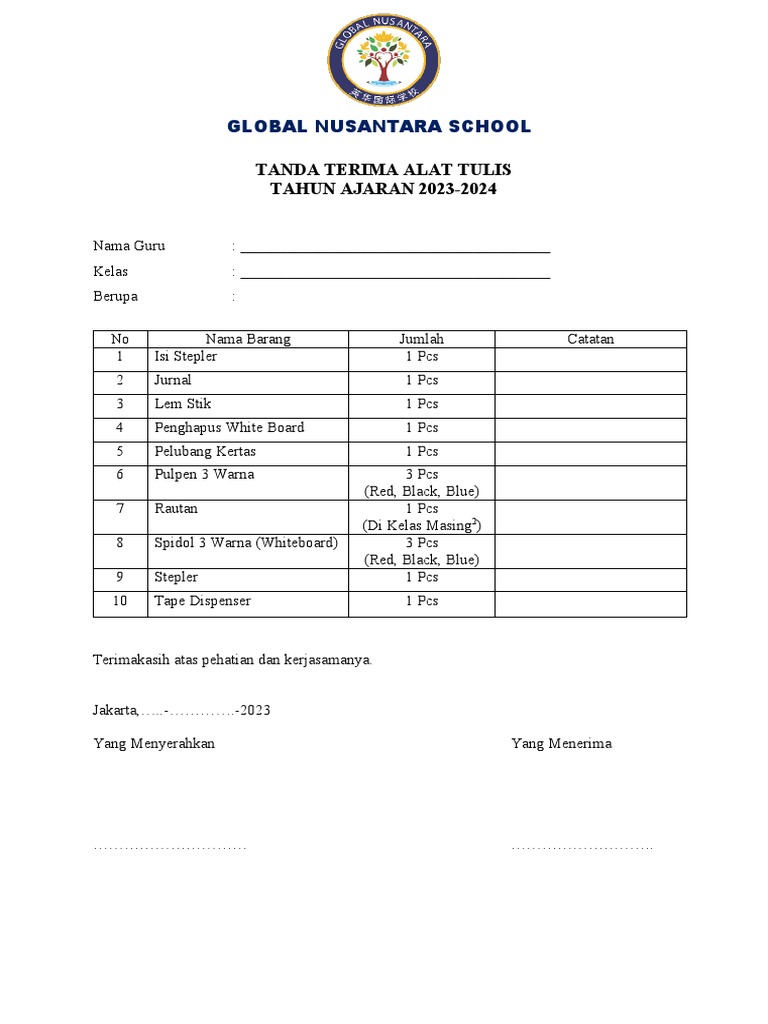 Tanda Terima Alat Tulis | PDF | Metode & Bahan Ajar | Griya & Taman