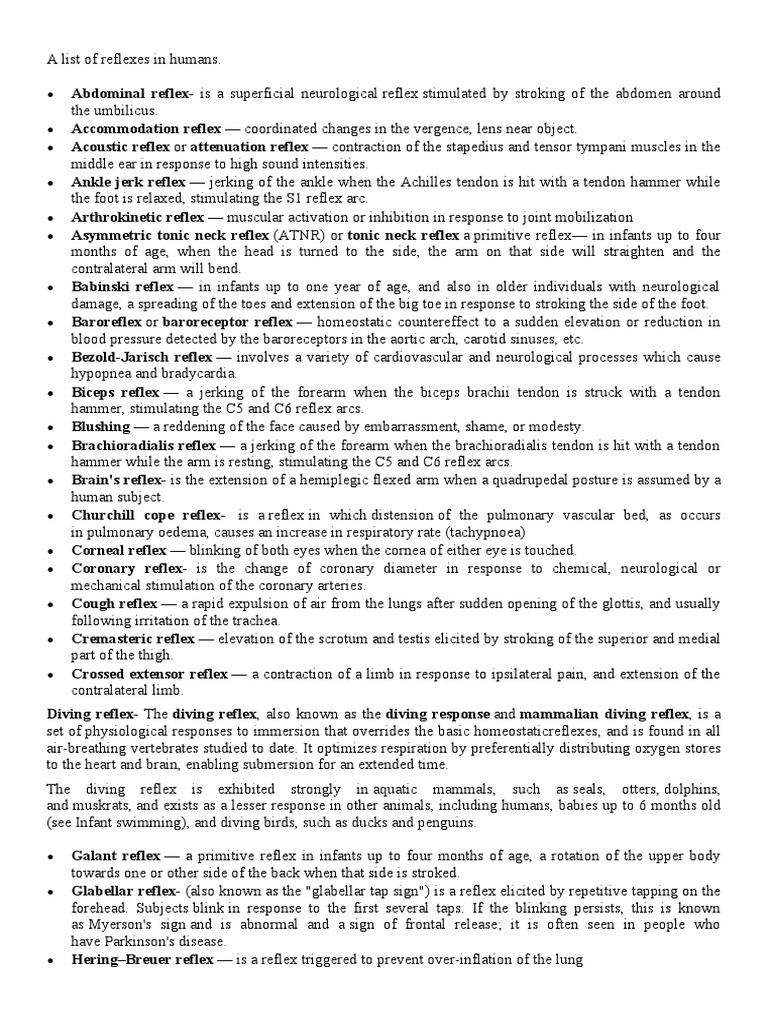 A List of Reflexes | PDF | Neurophysiology | Human Anatomy