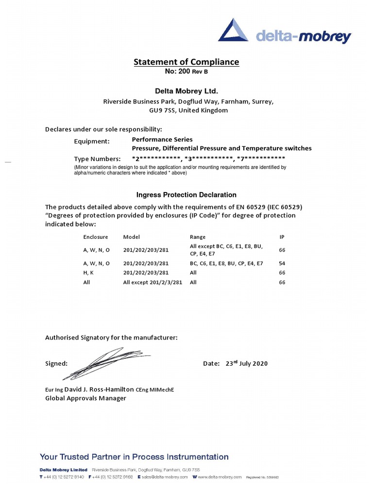 Compliance Statement for Pressure Switches | PDF