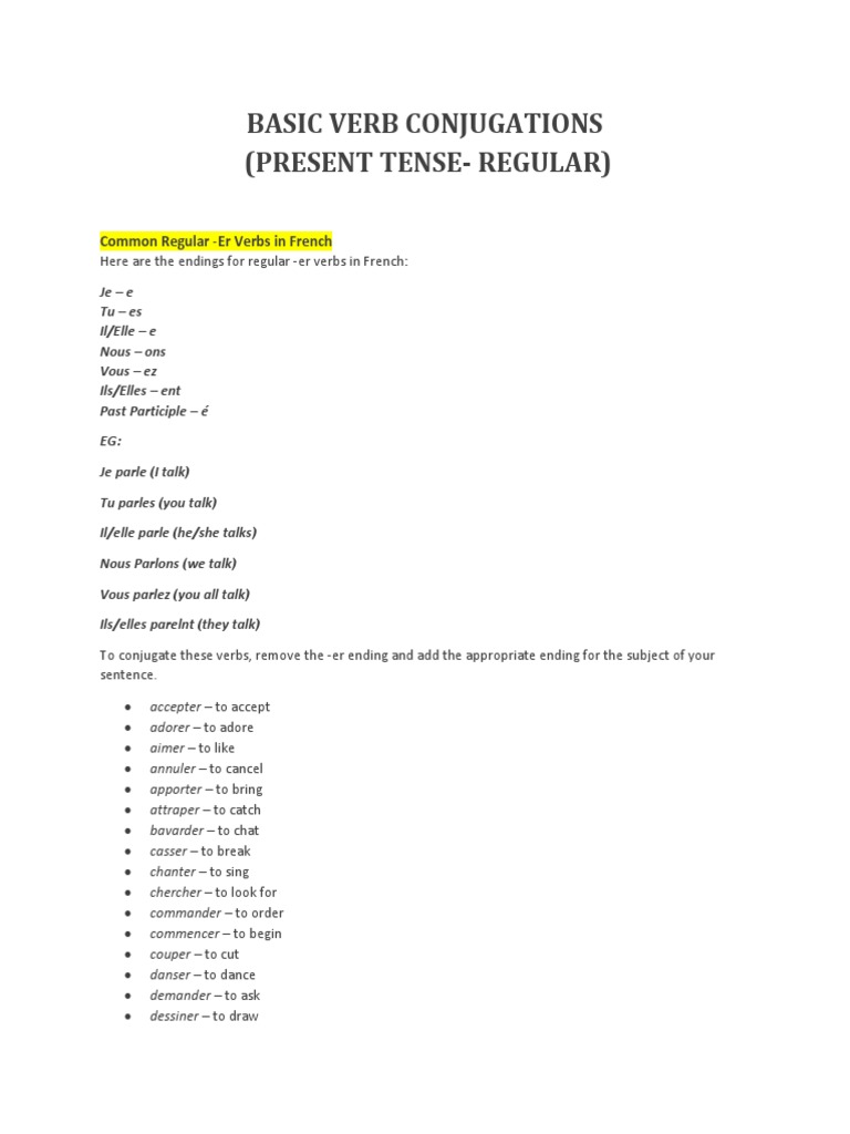 Basic Verb Conjugations - Present Tense | PDF | Grammatical Conjugation ...