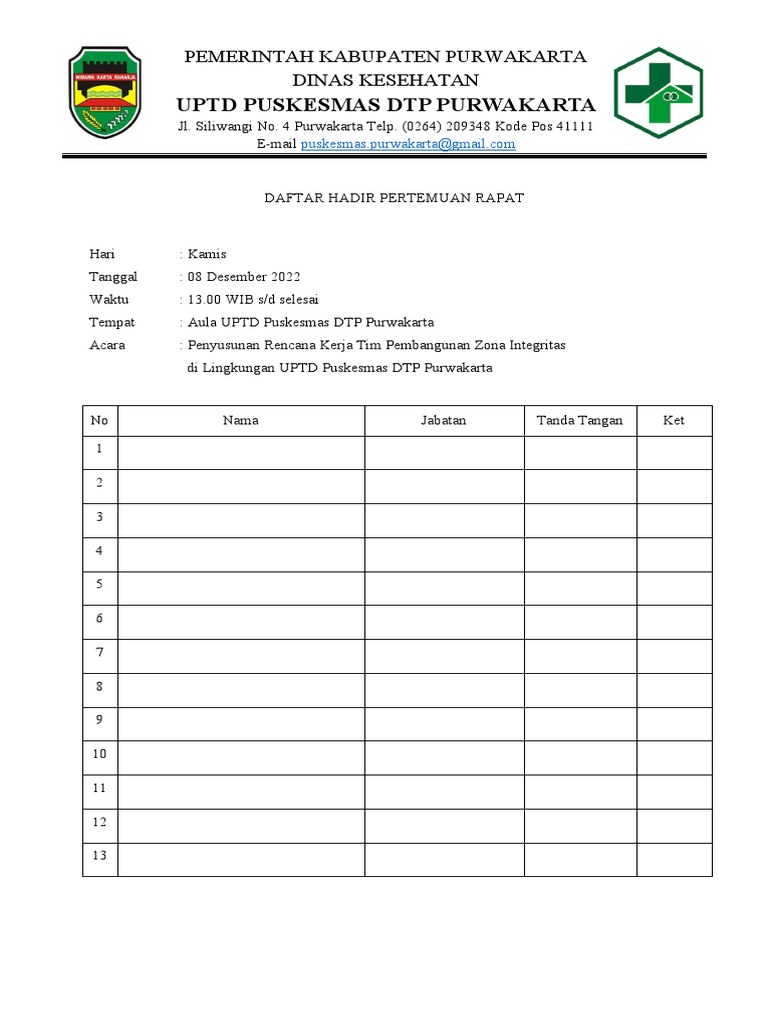 Daftar Hadir Rapat Pembentukan Tim ZI | PDF