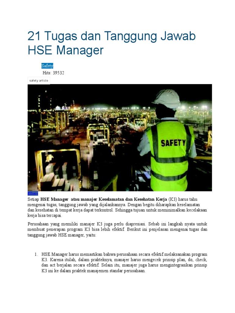 21 Tugas Dan Tanggung Jawab HSE Manager | PDF | Bisnis