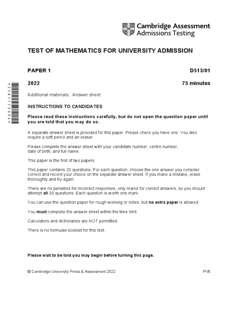 2022 Mathematics Admissions Test Paper 1 | PDF | Area | Circle