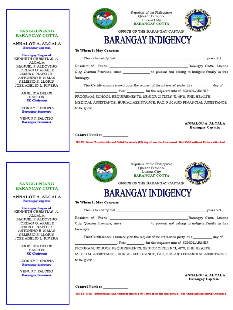 Barangay Indigency | PDF | Philippines
