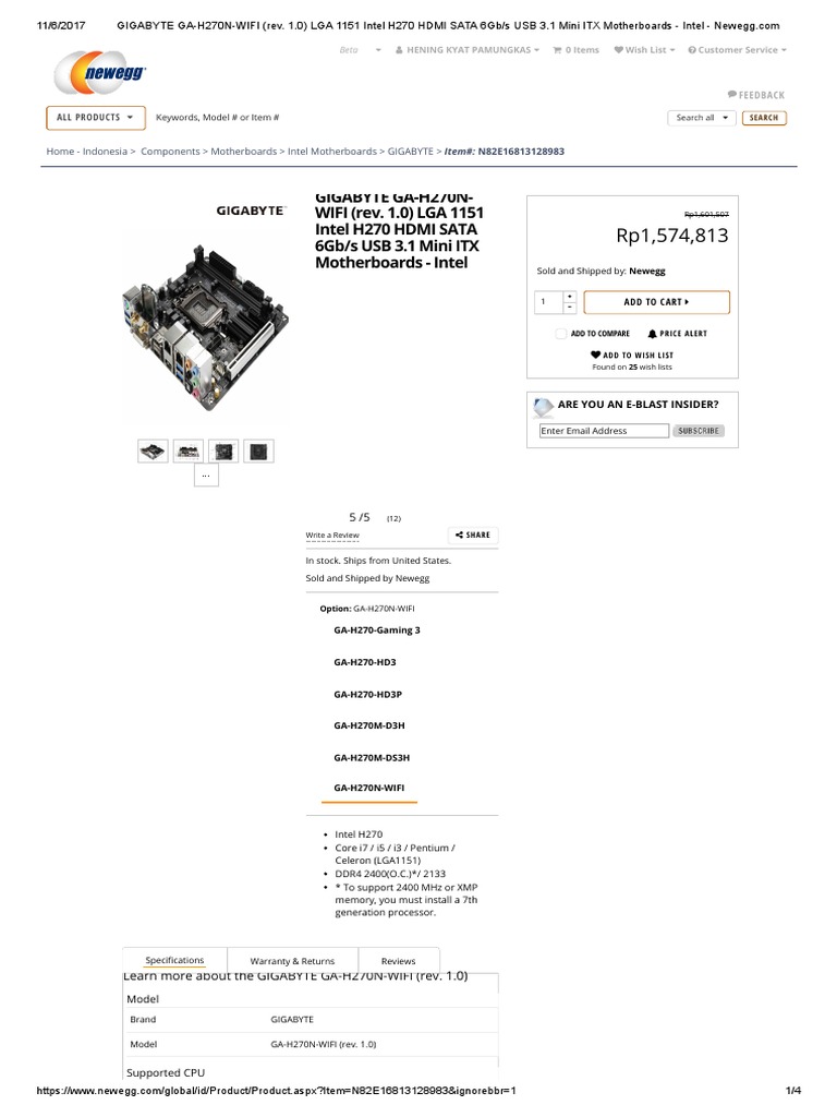 GIGABYTE GA-H270N-WIFI (Rev. 1.0) LGA 1151 Intel H270 HDMI SATA 6Gb - S USB 3.1 Mini ITX ...