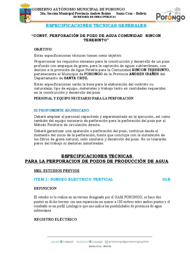 6) TDR. y Esp. Tec. (Const. Perf. de Pozo de Agua Guenda Santa Rosa I) | PDF