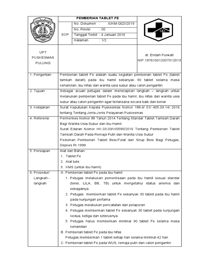 4.sop Pemberian Tablet Fe | PDF | Kesehatan Holistik
