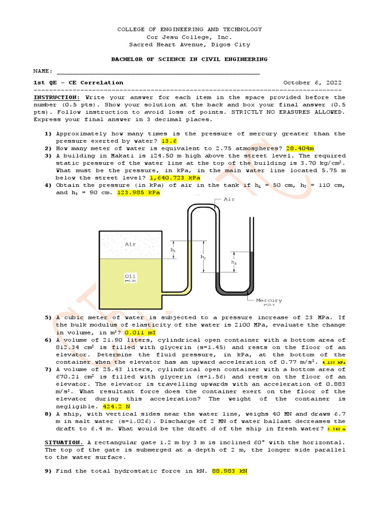 1st QE Answer Key Plate No. 1 | PDF | Density | Applied And ...