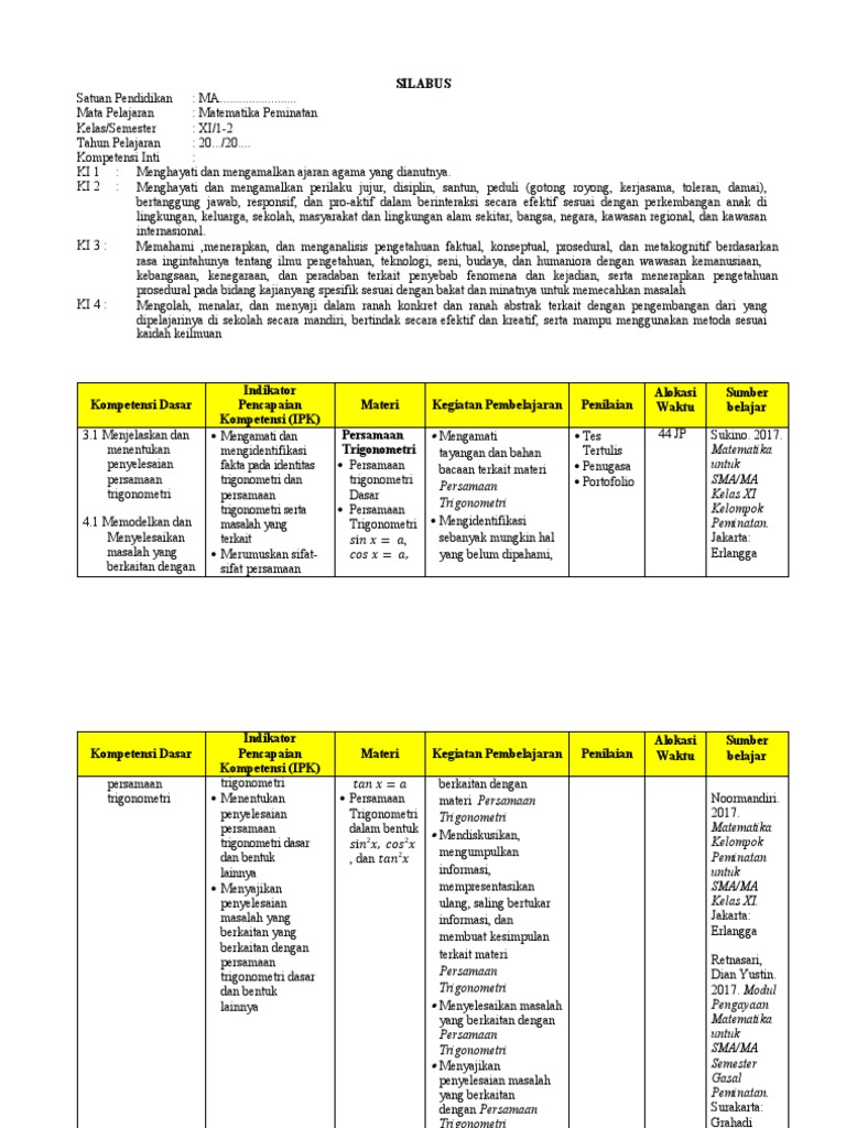 Silabus Matematika XI Peminatan | PDF