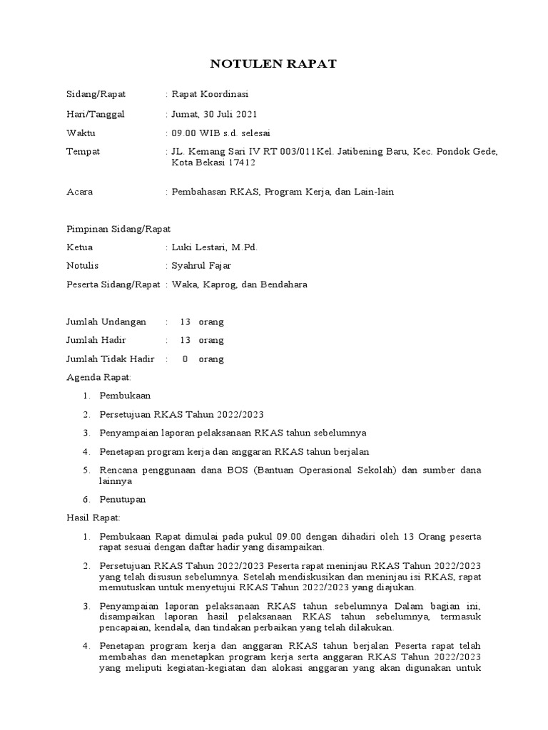 Notulen Rapat Penyusunan RKAS 2022/2023 | PDF | Karier & Perkembangan