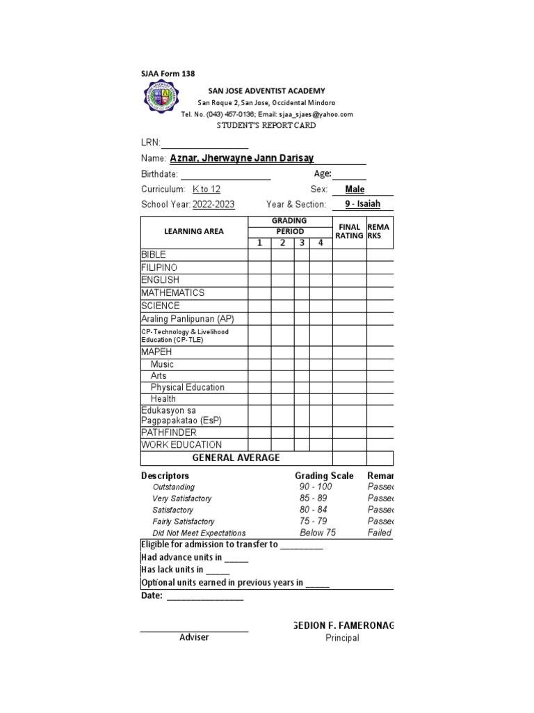 Jhs Form 138 | PDF