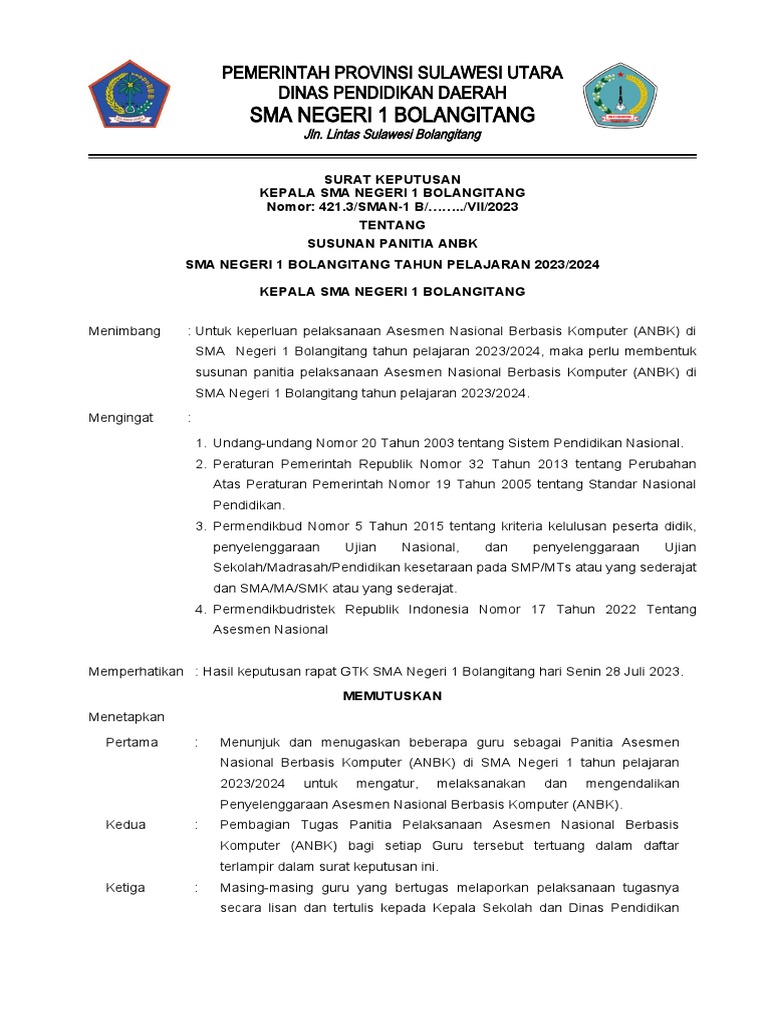 Susunan Panitia ANBK SMA 1 Bolangitang | PDF