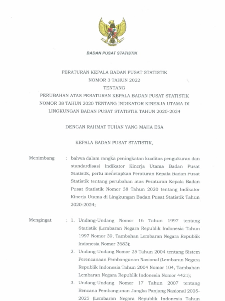 Perka BPS No 3 Tahun 2022 TTG Perubahan IKU BPS 2020-2024 | PDF