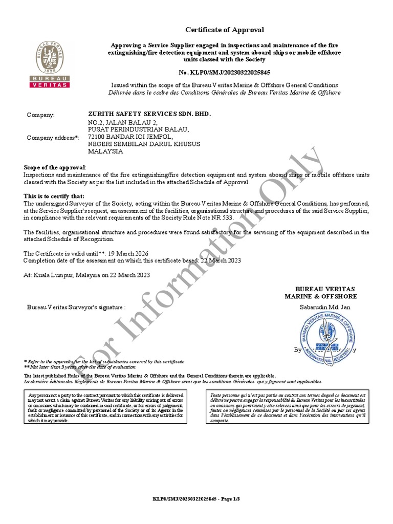 Bureau Veritas Certificate Fire Fighting- Watermark | PDF