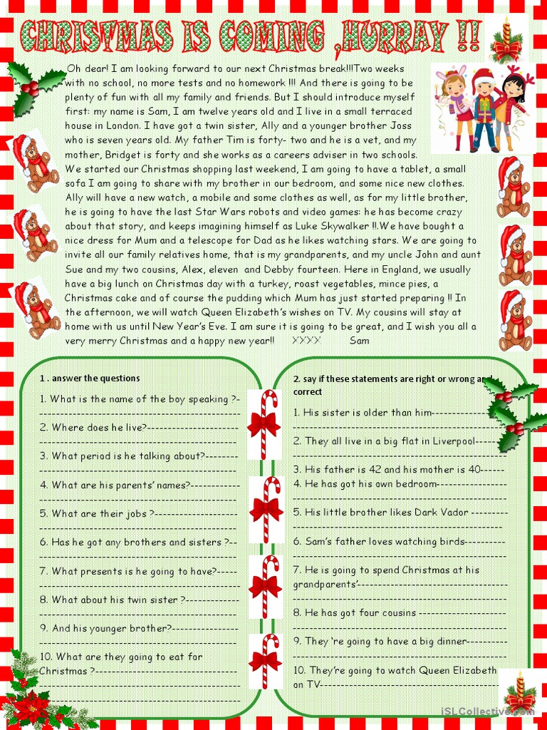 Christmas Is Coming - Christmas Reading Comprehension | PDF