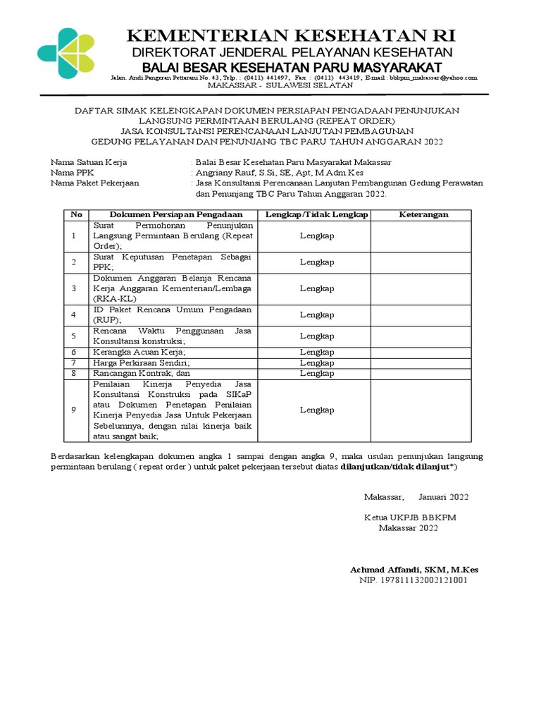 Daftar Simak Kelengkapan Dokumen Persiapan Pengadaan 2022 | PDF