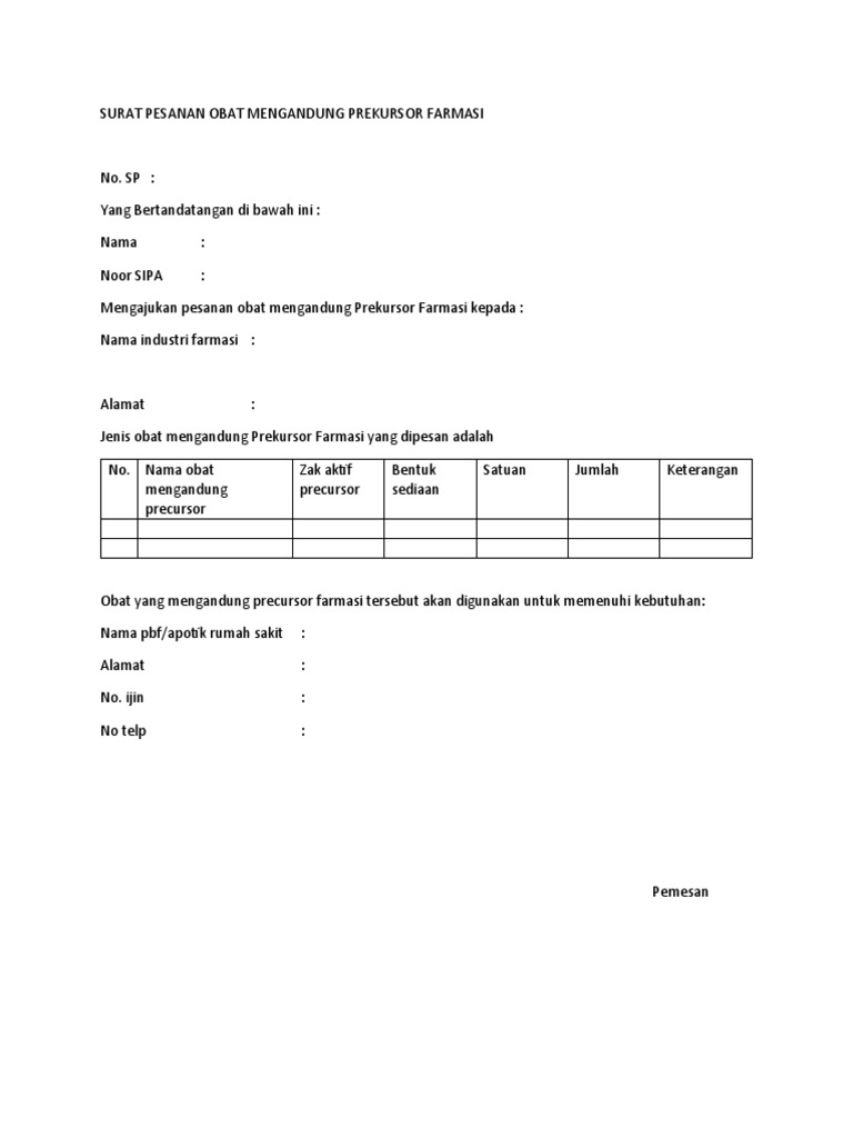 Surat Pesanan Obat Mengandung Prekursor Farmasi | PDF