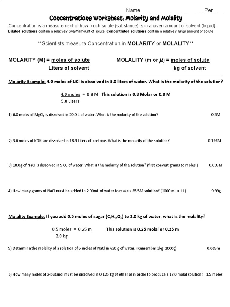 Molarity Molality Worksheet | PDF | Cooking, Food & Wine | Home & Garden