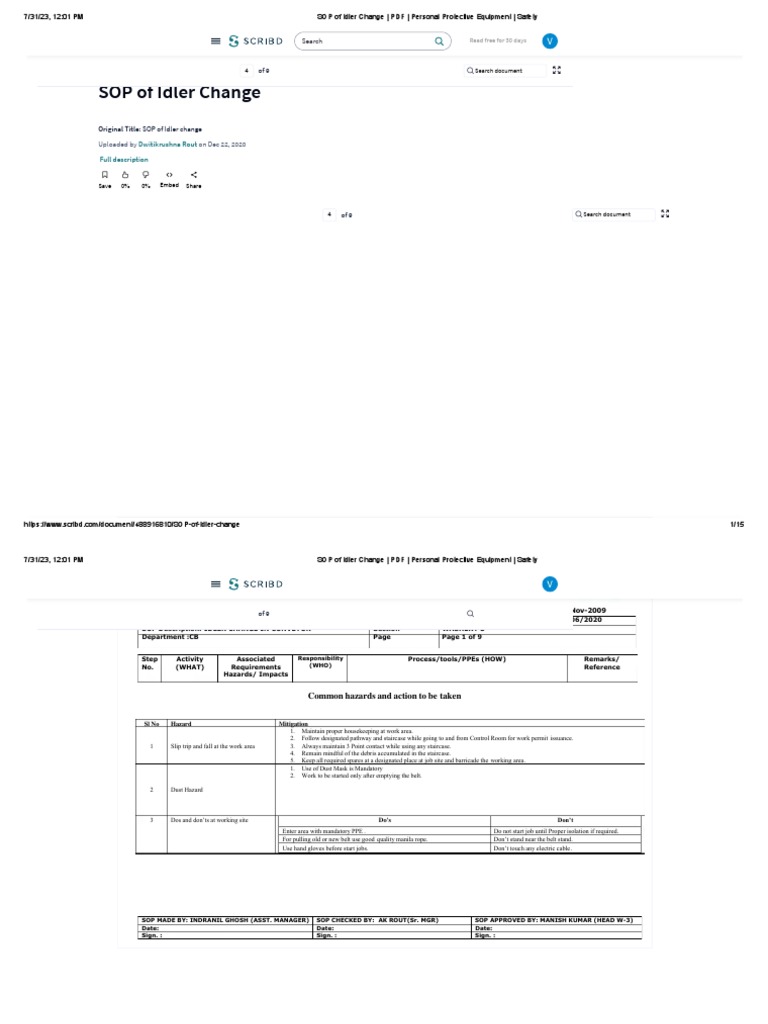 SOP of Idler Change - PDF - Personal Protective Equipment - Safety | PDF | Scribd