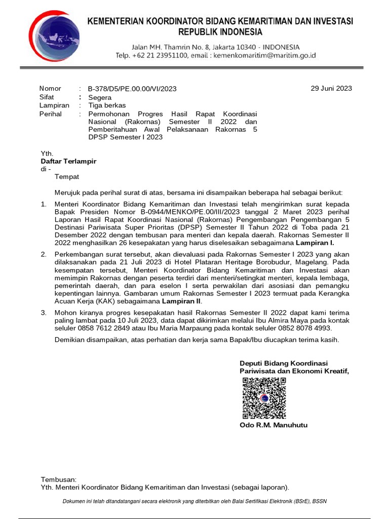 Surat Permohonan Perkembangan Isu Rakornas Dan Pemberitahuan Awal ...