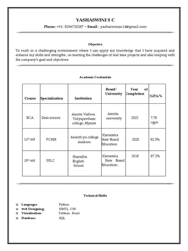 Yashaswini S C Resume | PDF | Software | Software Engineering