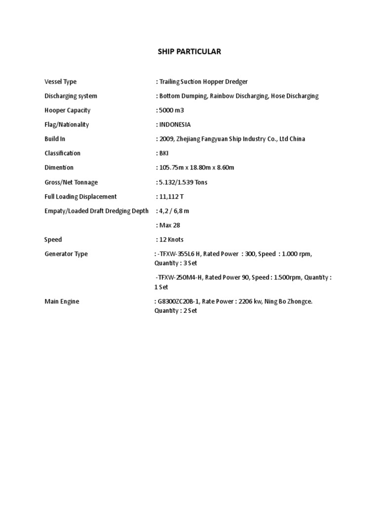 Ship Particular Dredger | PDF