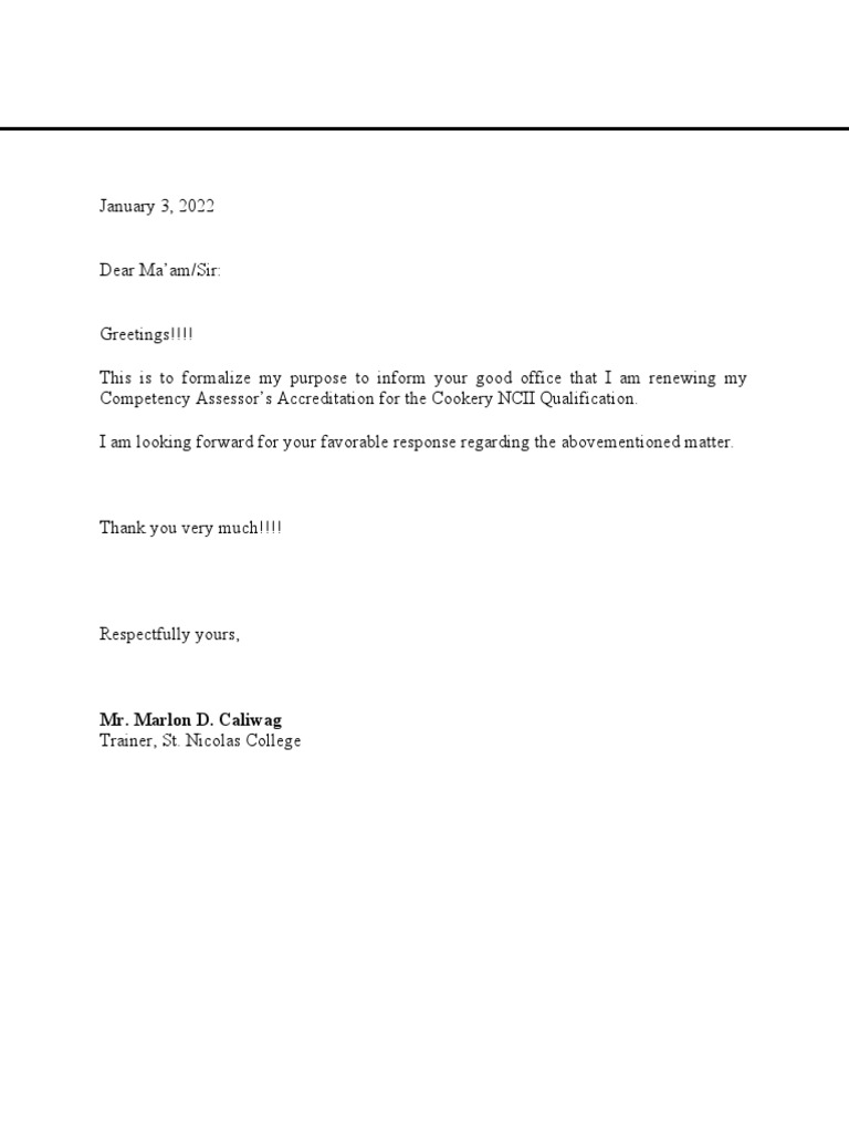 Letter of Intent (Tesda Assesor) | PDF